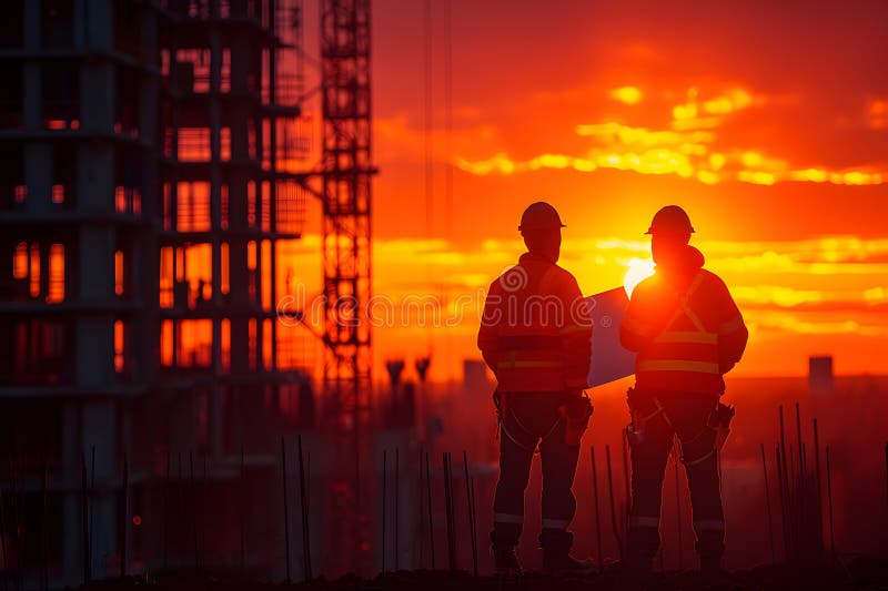 Construction Workers on Site, Engineer Holding Diagram are Standing ...