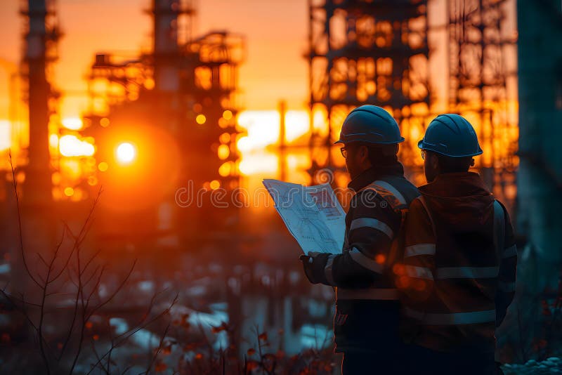 Construction Workers on Site, Engineer Holding Diagram are Standing ...