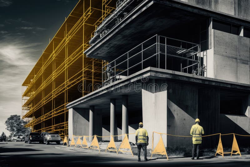 Construction Workers on Site Outside Building in Progress with ...