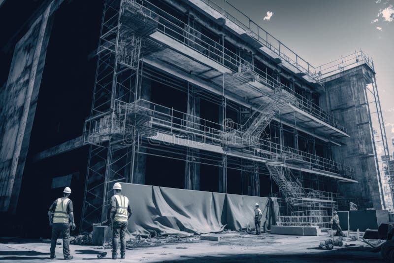 Construction Workers on Site Outside Building in Progress with ...
