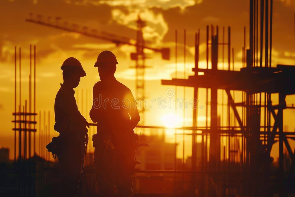 Construction Workers on Site Stock Image - Image of machinery, blue ...
