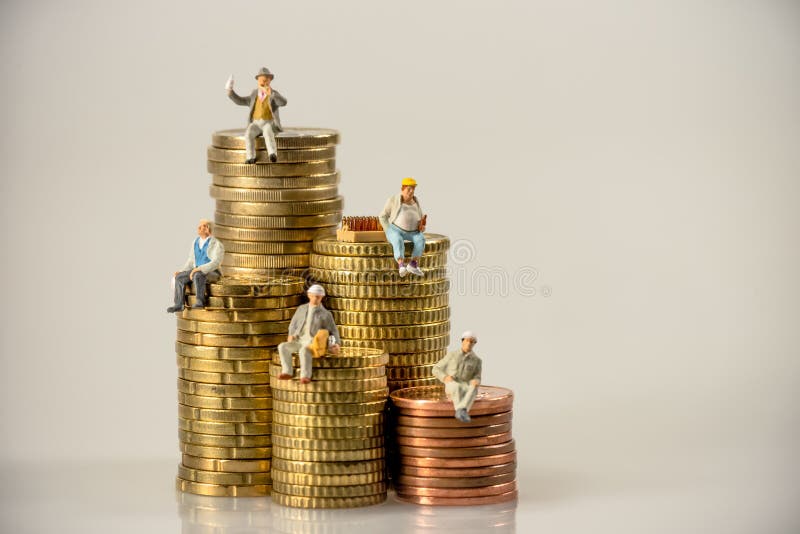 Construction Workers Sitting on Money Coin Piles. Stock Image - Image ...
