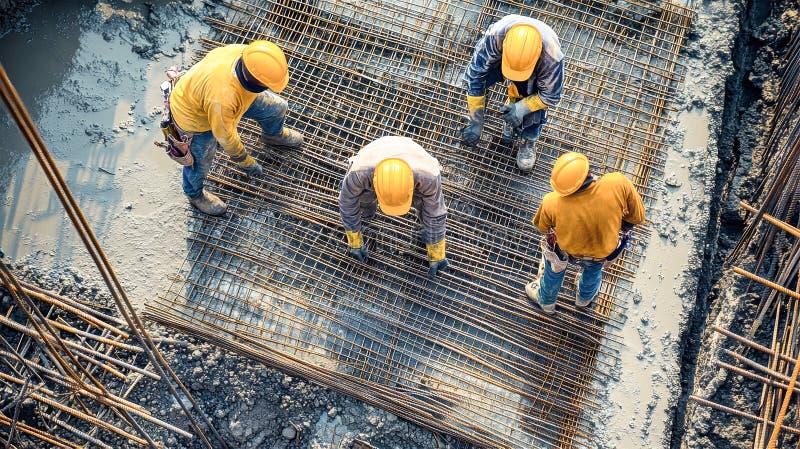 Construction Workers Skillfully Assembling Steel Mesh for a Concrete ...