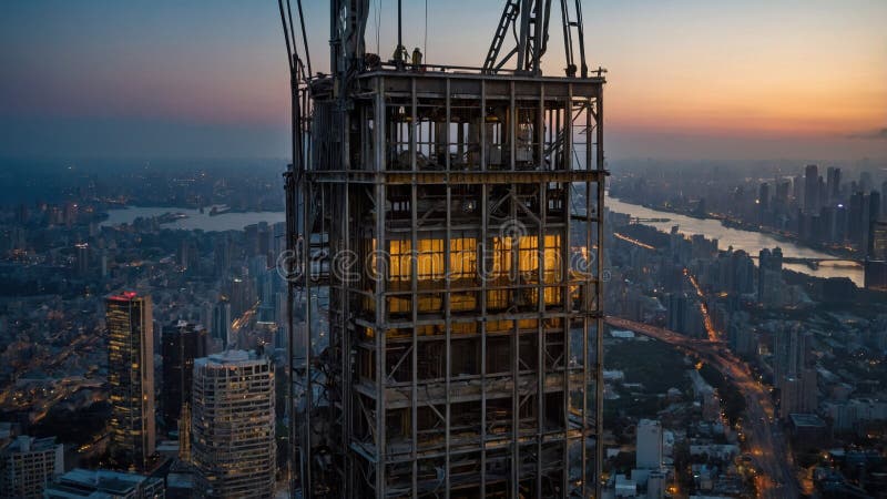 Construction Workers on Skyscraper Above City Skyline during Sunset ...