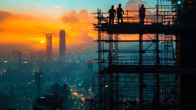 Construction Workers on Skyscraper at Dusk, Admiring Sunset Sky and ...