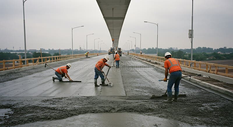 Workers Smoothing Concrete on New Bridge Construction Site with ...