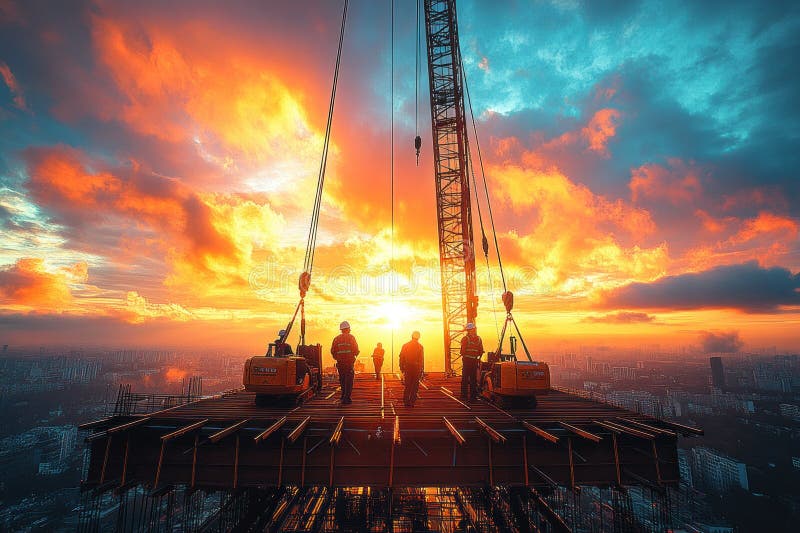 Construction Workers Stand on a High Rise Building Platform at Sunset ...