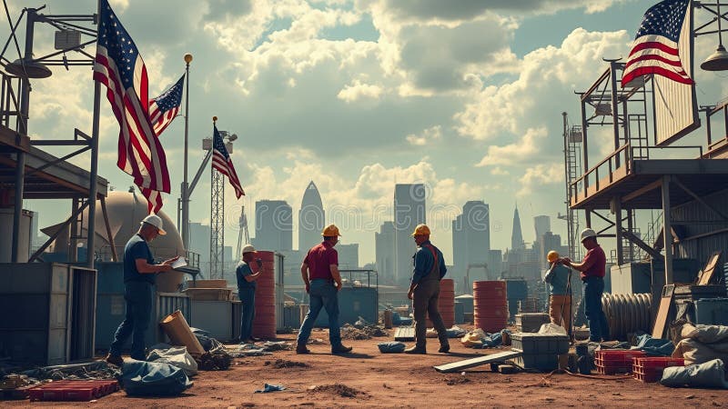 Construction Workers Stand on a Site Overlooking a Cityscape with ...