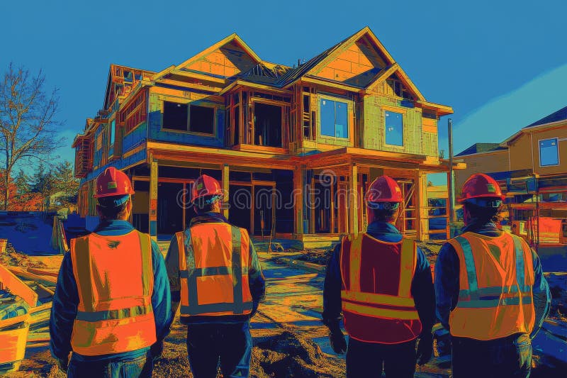 A Group of Construction Workers in Safety Gear Observes a House in ...