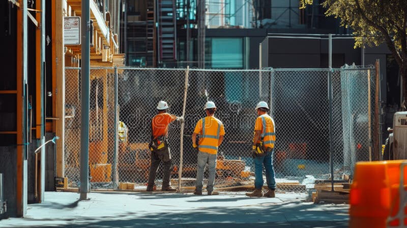 Construction Workers Standing in Front of a Chain Link Fence Stock ...