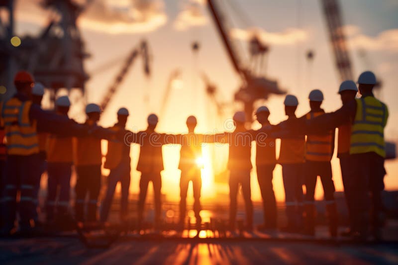 Construction Workers Standing in Line with Linked Arms Silhouetted ...