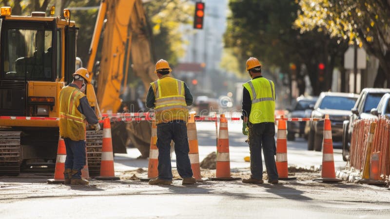 Construction Workers Standing Near Excavator and Traffic Cones Stock ...