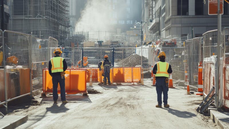 Construction Workers Standing on a Newly Paved Road in a City ...