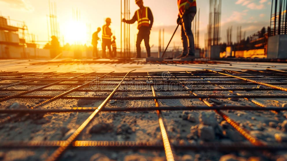 Construction Workers Standing on a Reinforced Steel Grid at Sunset ...