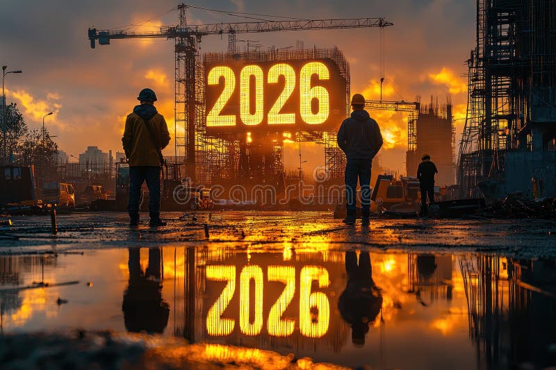 Construction Workers Standing on a Wet Urban Site with Glowing 2026 Numbers Reflecting in a ...
