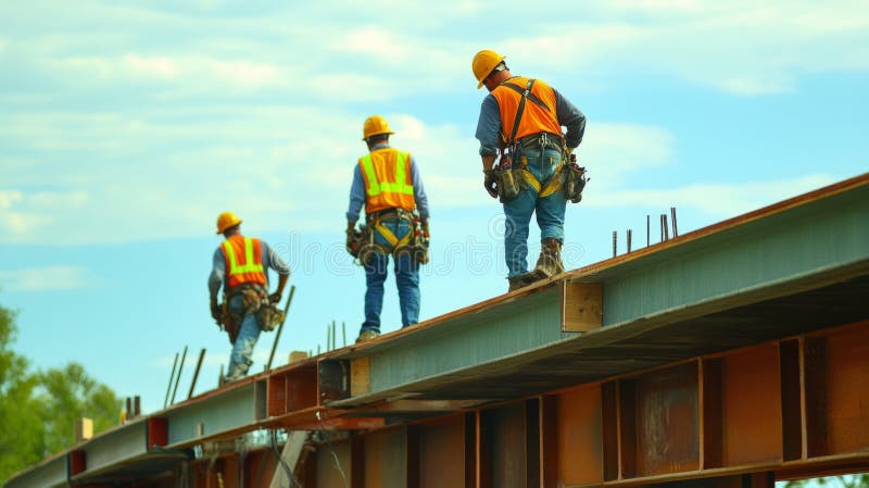 Construction Workers on a Steel Beam during Bridge Construction Stock ...
