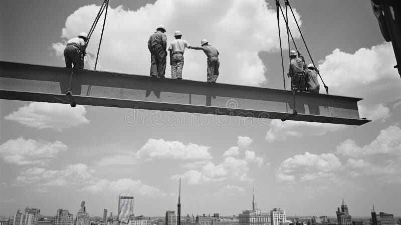 Construction Workers on a Steel Beam Overlooking a City Stock ...