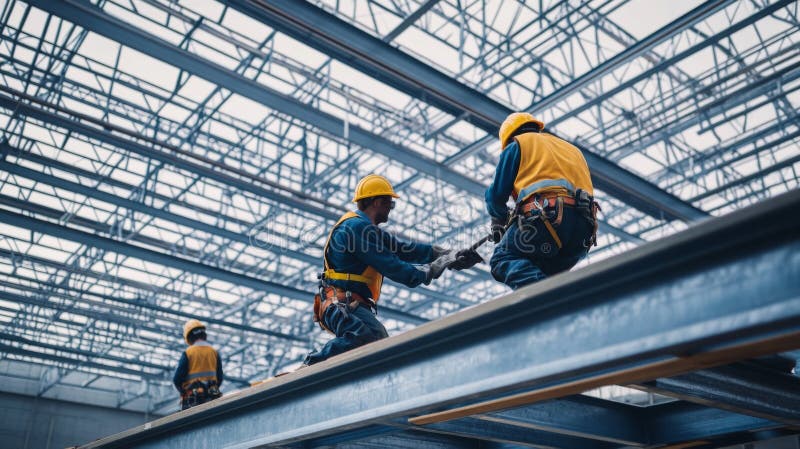 Construction Workers on Steel Beams of a Building Under Construction ...