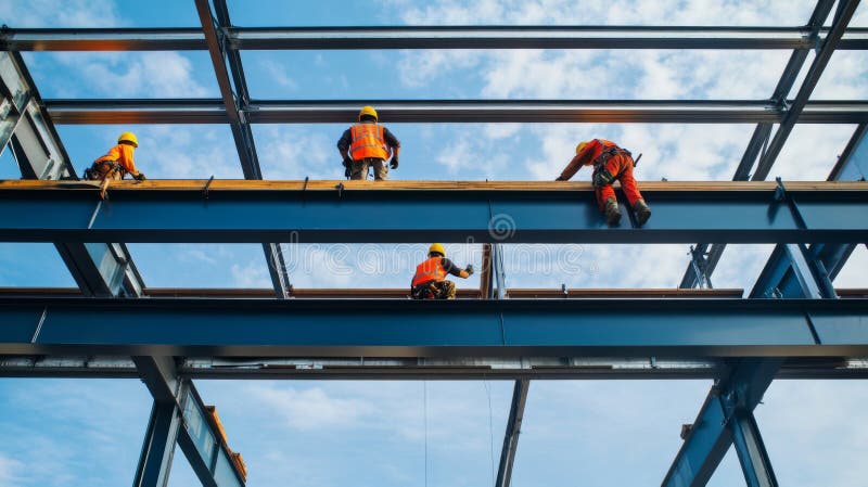 Construction Workers on Steel Beams of a Building Under Construction ...