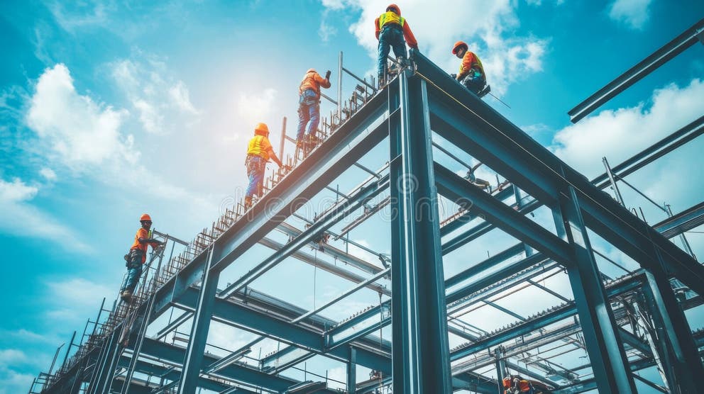 Construction Workers on Steel Beams of a Building Under Construction ...