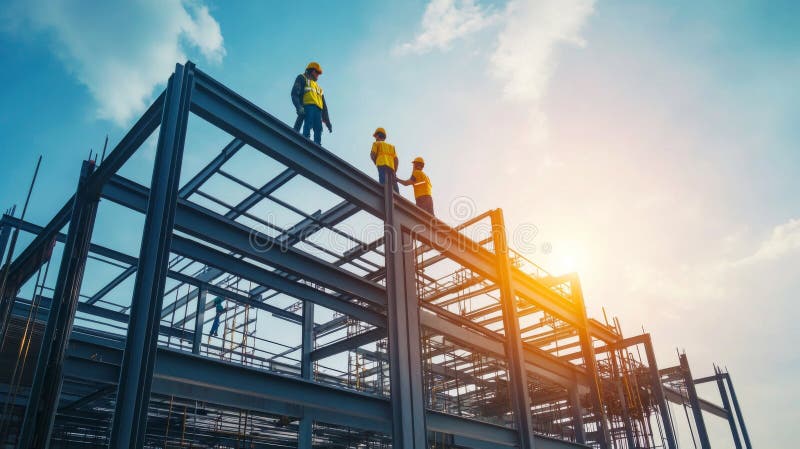 Construction Workers on Steel Frame of a Building Under Construction ...