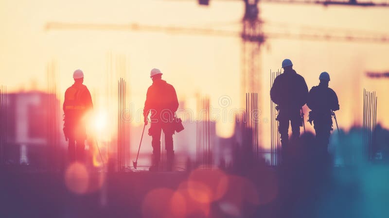 Construction Workers at Sunset on an Active Building Site Stock Photo ...