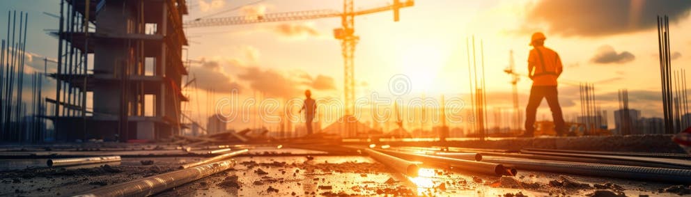 Construction Workers at Sunset on Building Site Stock Illustration ...