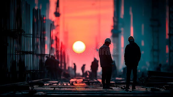 Construction Workers at Sunset Building Site Silhouette Group of People ...