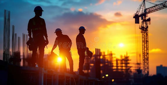 Construction Workers at Sunset on a Construction Site Stock ...