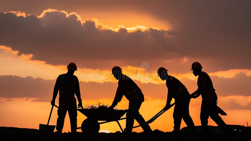 Construction Workers at Sunset, with Hard Hats and More Attire for ...