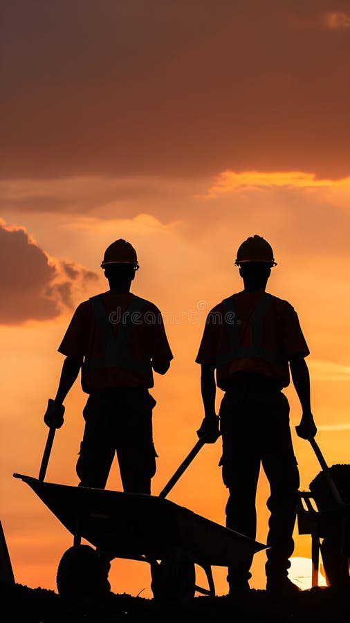 Construction Workers at Sunset, with Hard Hats and More Attire for ...