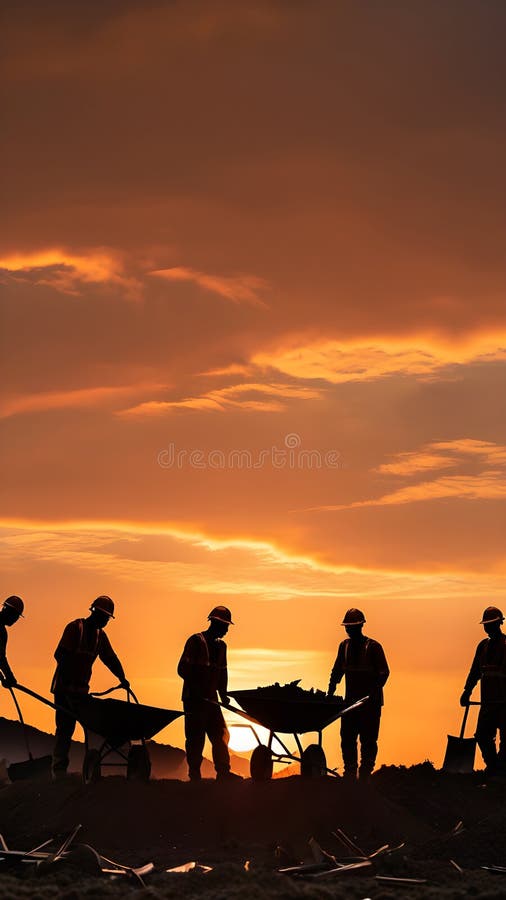 Construction Workers at Sunset, with Hard Hats and More Attire for ...