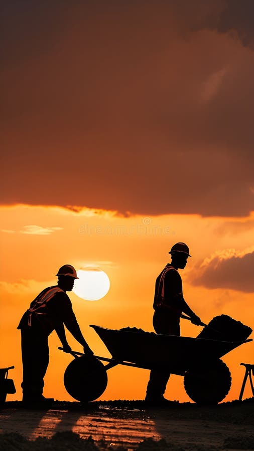 Construction Workers at Sunset, with Hard Hats and More Attire for ...
