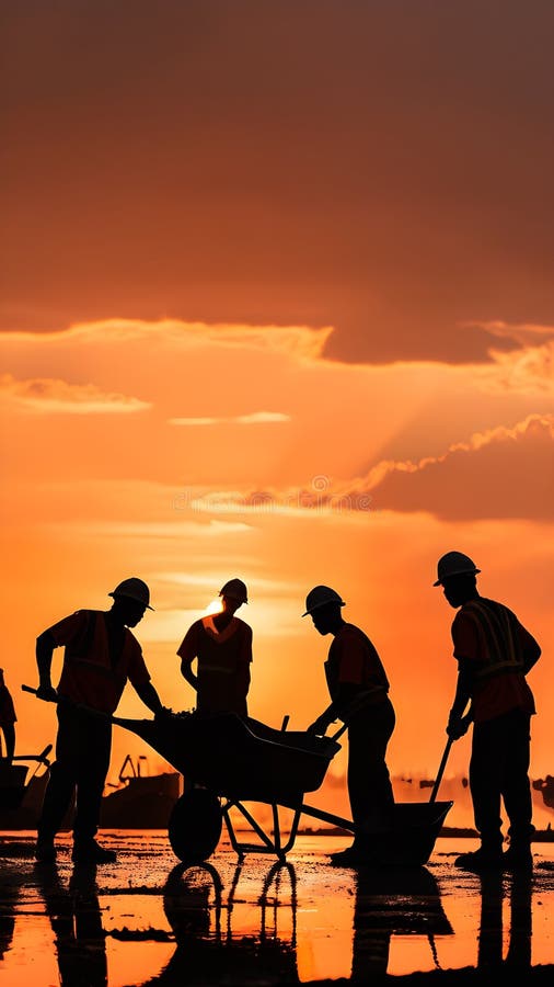Construction Workers at Sunset, with Hard Hats and More Attire for ...