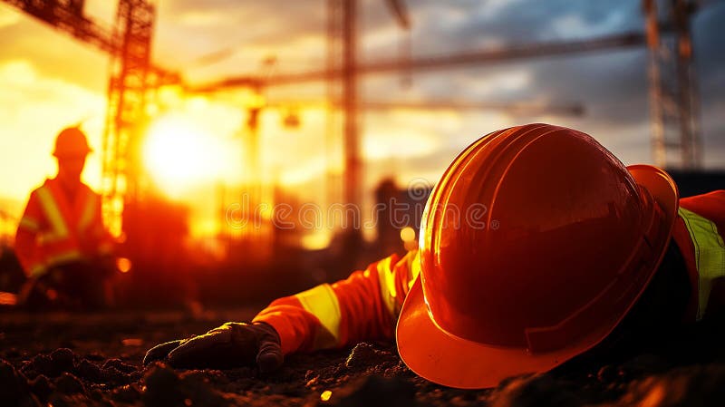 Construction Workers at Sunset, Highlighting Safety Gear and Teamwork on Site Stock Illustration ...