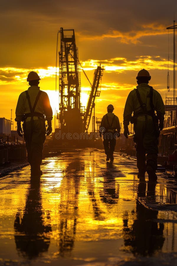 Construction Workers at Sunset on Industrial Site with Machinery and ...