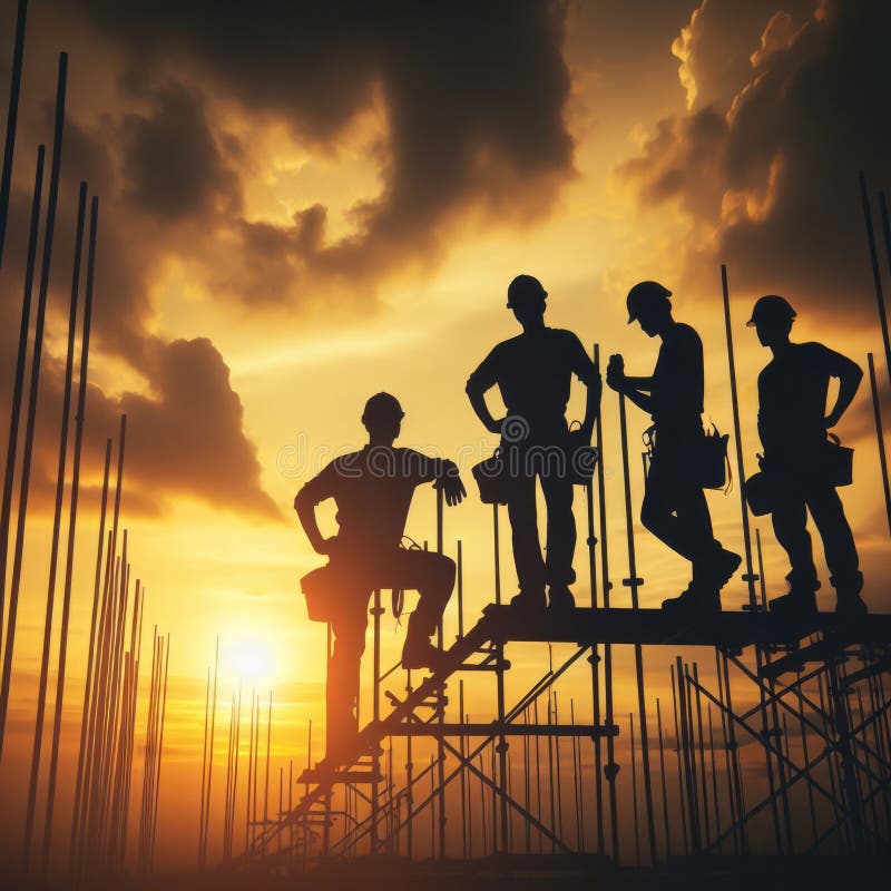 Construction Workers at Sunset on Scaffolding Stock Image - Image of ...