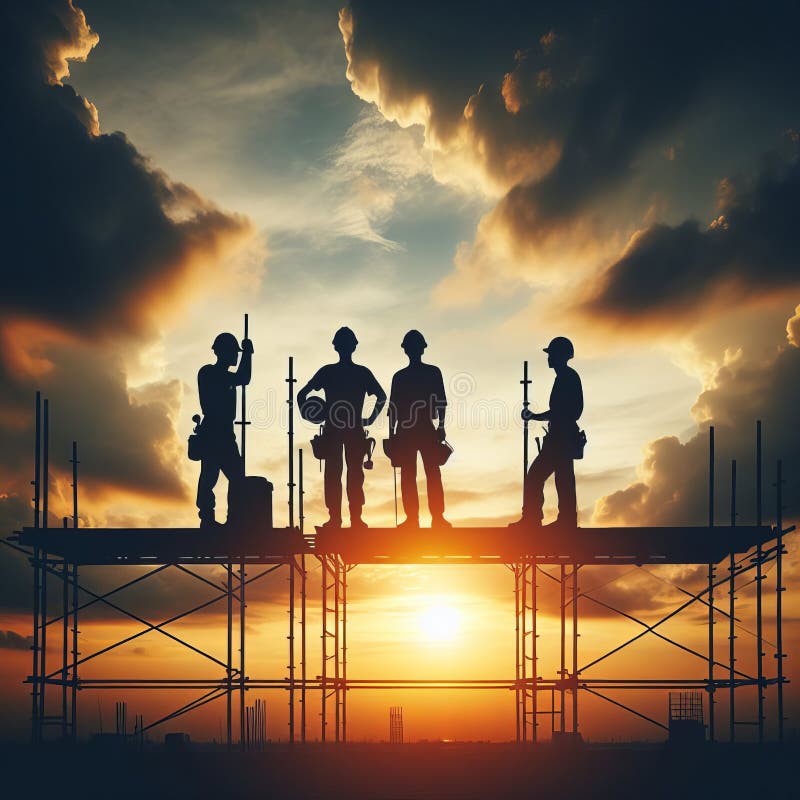 Construction Workers at Sunset Silhouette Stock Image - Image of ...