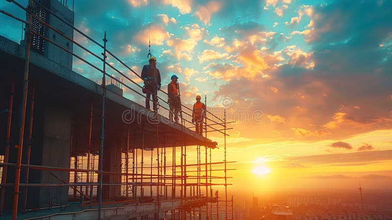 Construction Workers at Sunset Stock Illustration - Illustration of ...