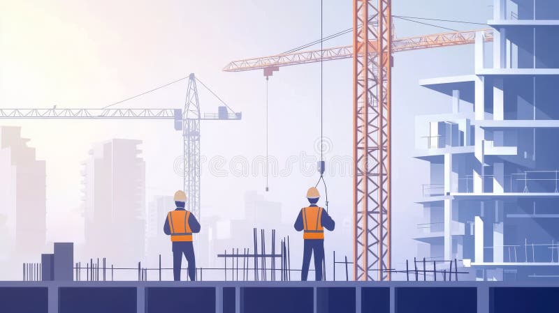 Construction Workers Supervise Tower Crane Operations at a Concrete ...