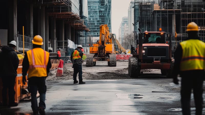 Construction Workers Supervising Road Building Operations with ...
