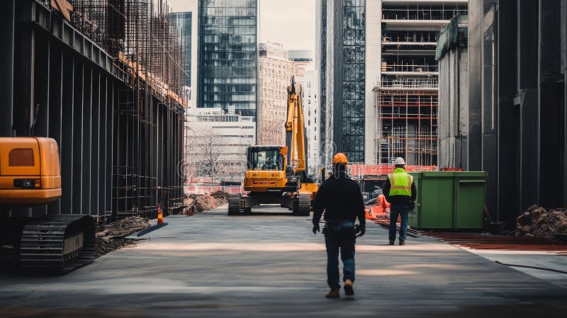 Construction Workers Supervising Road Building Operations with ...