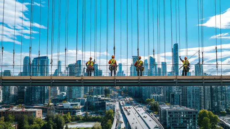 Construction Workers on a Suspension Bridge High Above a City Skyline ...