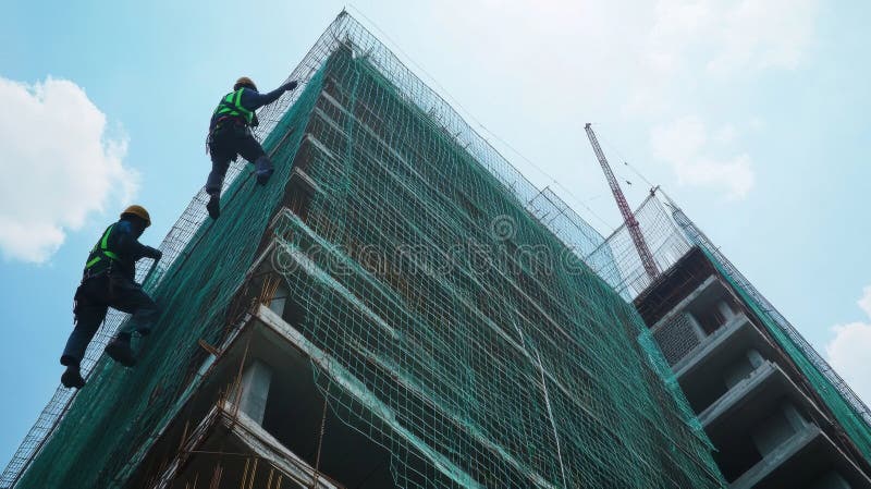 Construction Workers on a Tall Building Covered in Green Safety Netting ...