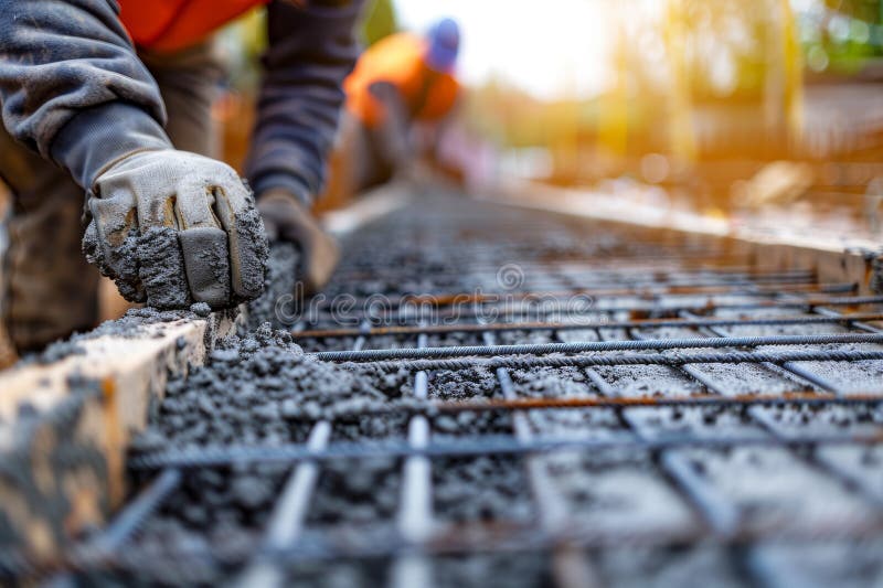 Construction Workers Tightening Steel Wires Around Concrete Forms at a ...