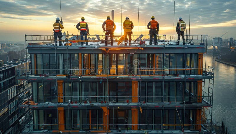 Construction Workers on Top of Skyscraper in Bustling Metropolis ...