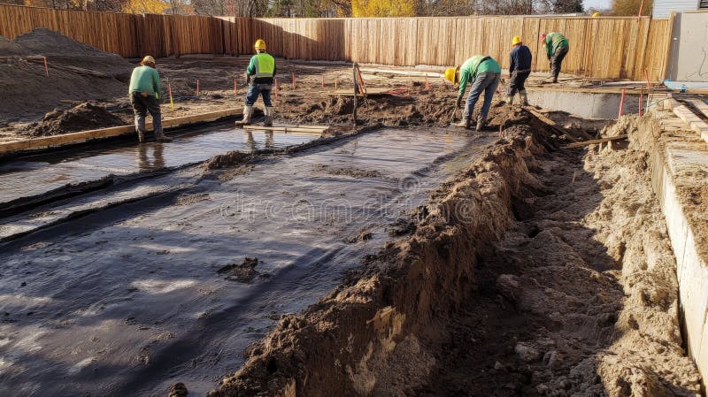 Construction Workers in a Trench Filled with Mud and Water Stock ...