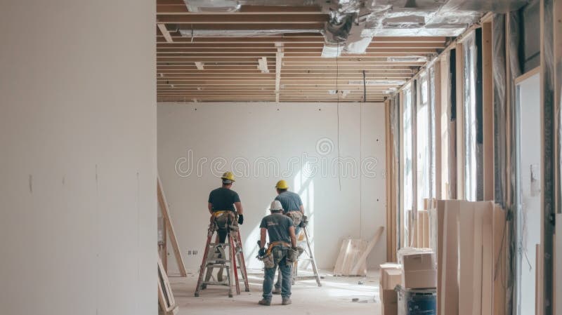Construction Workers in an Unfinished Building Interior Stock ...