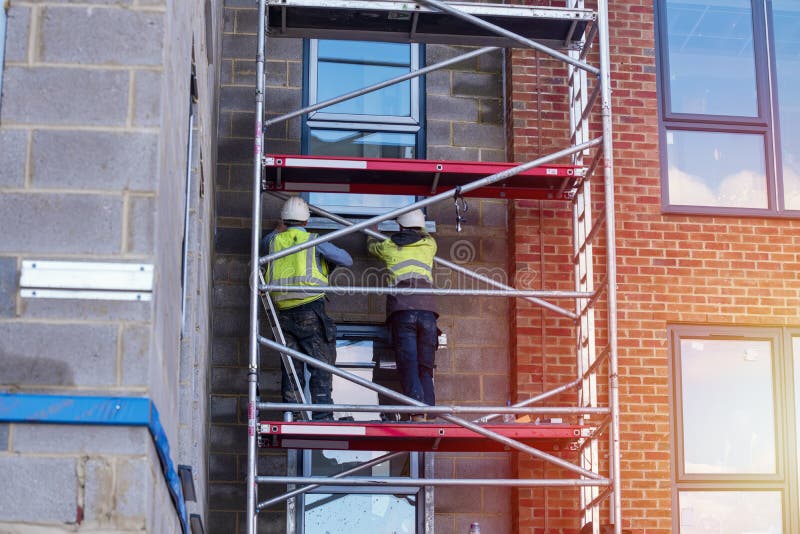 Construction Workers Using Aluminium Mobile Scaffold Tower and Safety ...