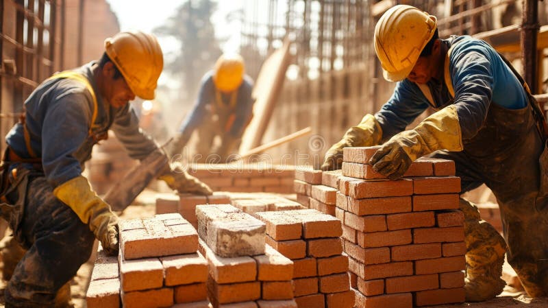 Construction Workers Using Bricks on a Building Site with a Focus on ...